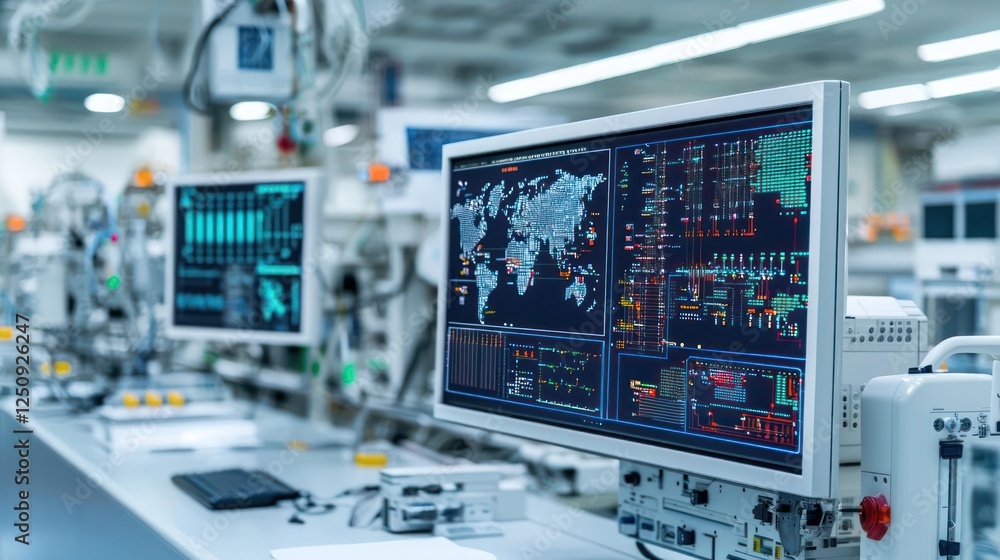 Industrial Control Room With Multiple Monitors And Data Displays Stock ...