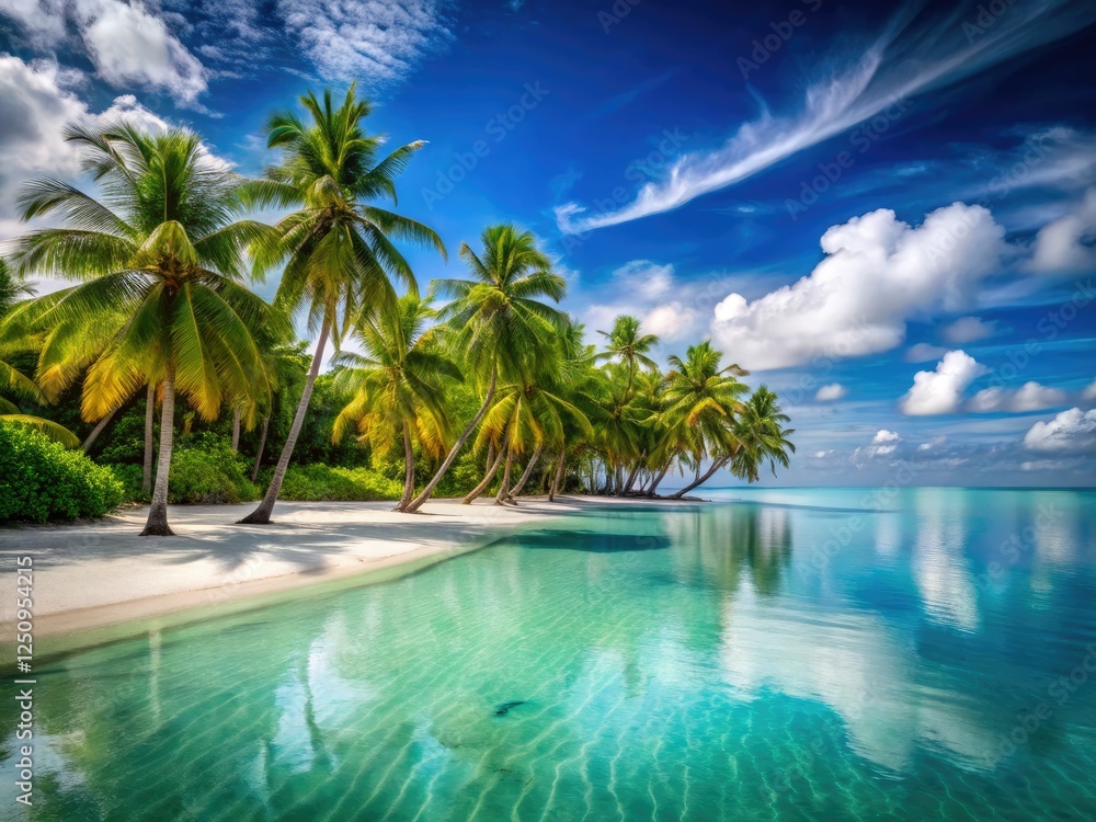 Escape to serene island paradise. Long exposure captures swaying palms ...