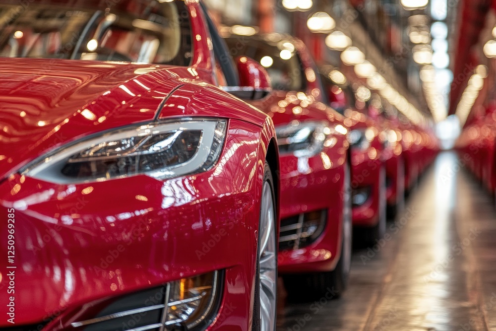 Red electric cars lined up in a modern showroom, showcasing innovation ...