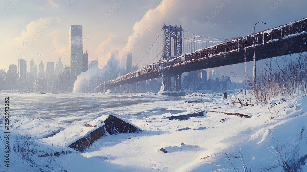 Frozen Dystopian Cityscape with Collapsed Bridges and Nuclear Winter ...