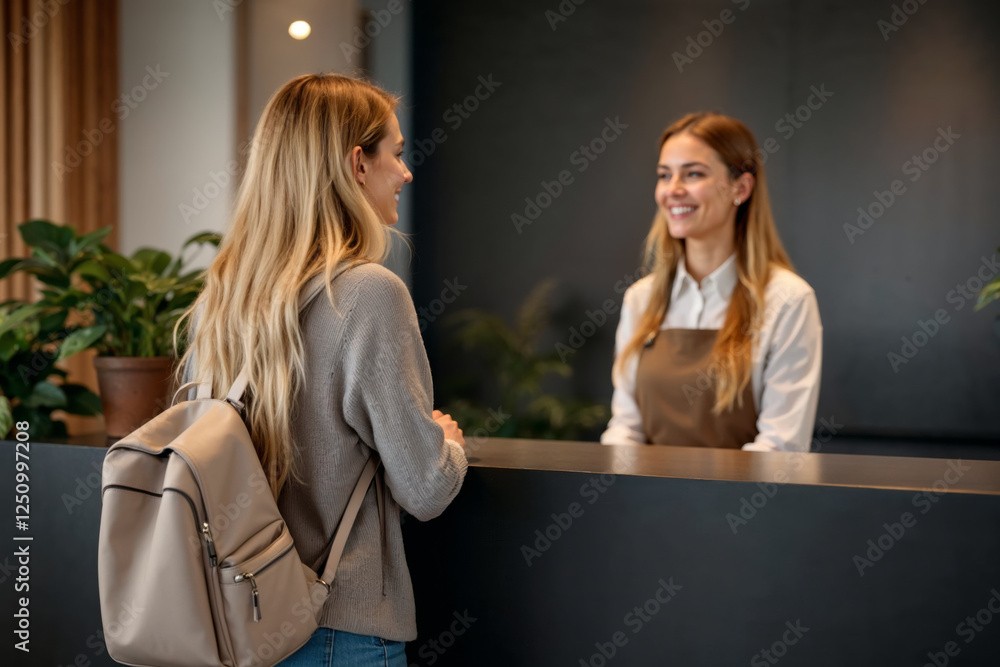 Welcoming reception experience at a modern hotel with attentive staff ...