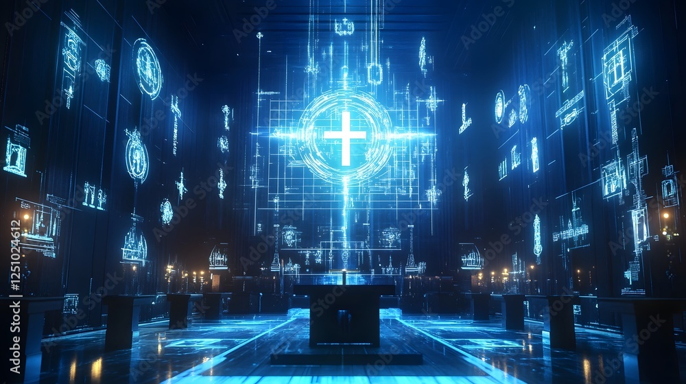 Futuristic High-Tech Altar with Glowing Symbols and Floating Digital ...