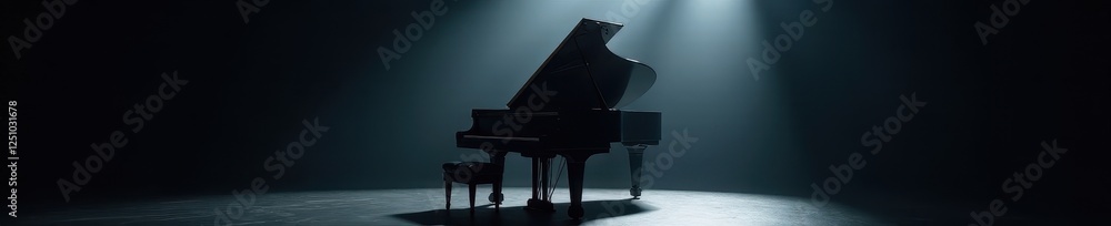 Gleaming black grand piano bathed in single spotlight, dark room ...