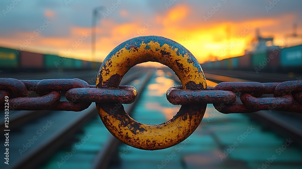 Freight logistics slowdown represented by heavy iron chain limiting ...