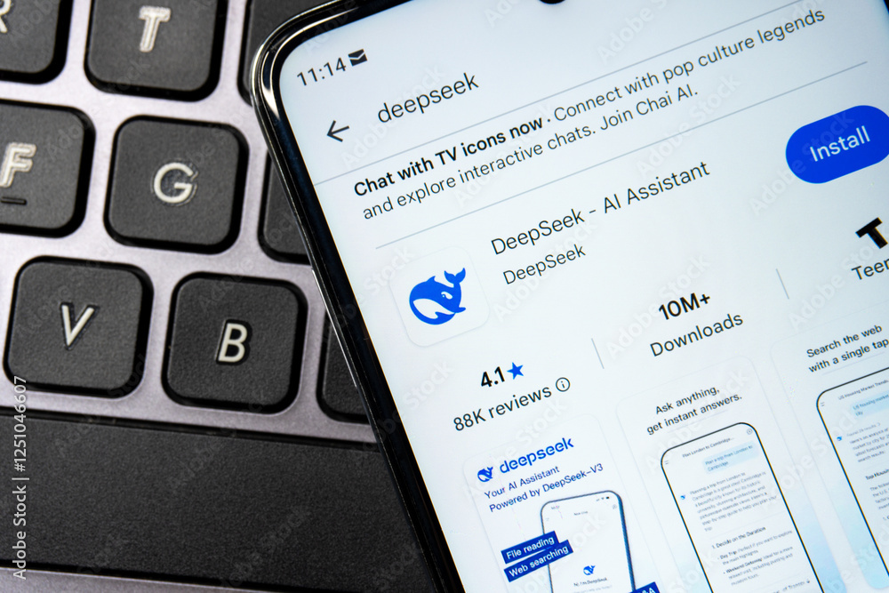 Foto de Stock DeepSeek app is on the App Store. DeepSeek, a Chinese AI assistant, is built on ...