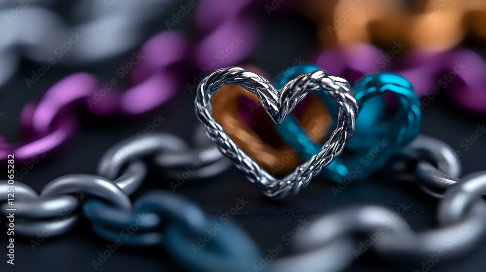 Heart shaped chain link on dark background with purple and blue bokeh ...