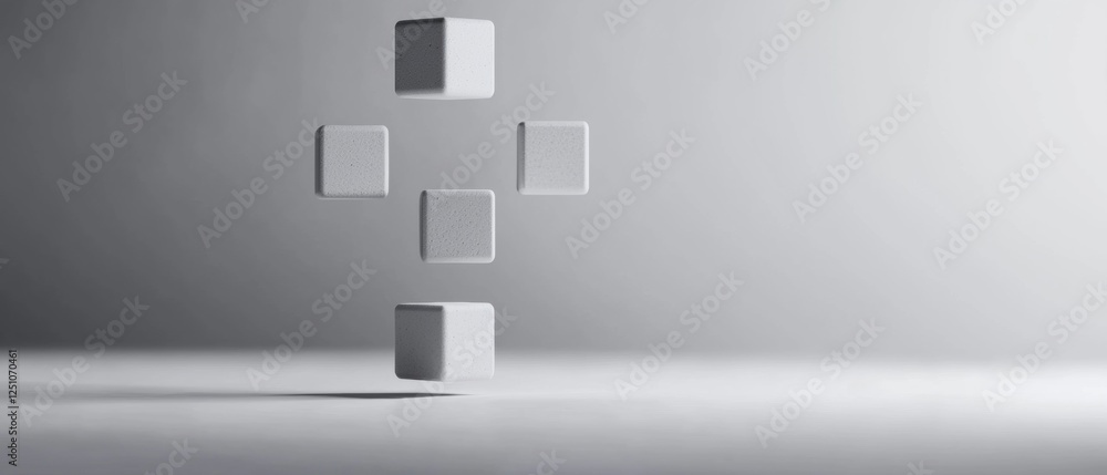 Group of six white cubes arranged in a horizontal line on a plain grey ...