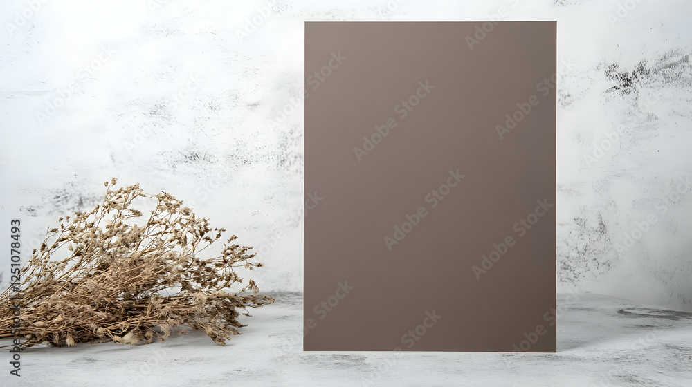 Blank earthy-tone paper on marble background with dry grass. Template ...