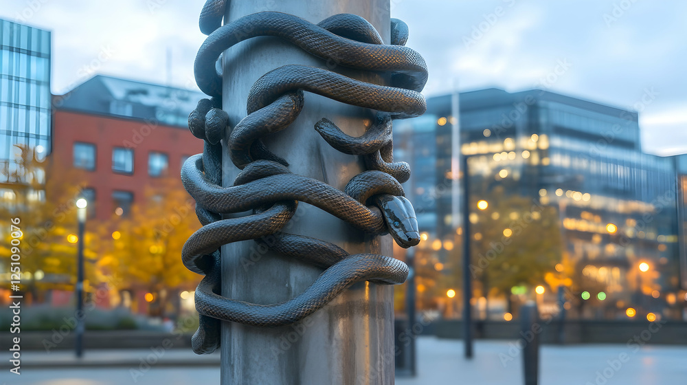 Sculpture of a snake coiled around a pole in urban setting. Symbolism ...