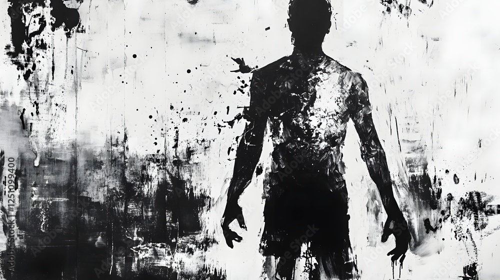 Dramatic monochrome silhouette of a male figure in a powerful dynamic ...