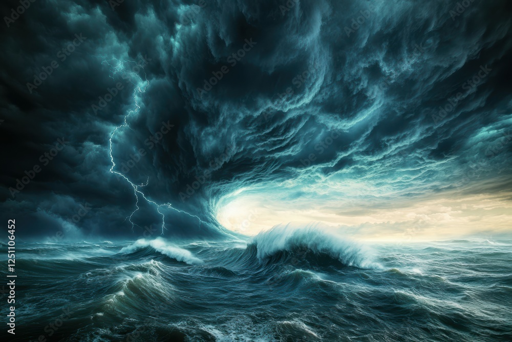 Massive ocean waves rise like towering mountains, their foamy crests ...