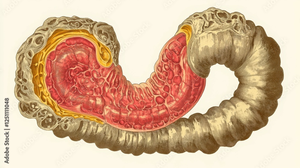 Illustration of a digestive system, showcasing the stomach and ...