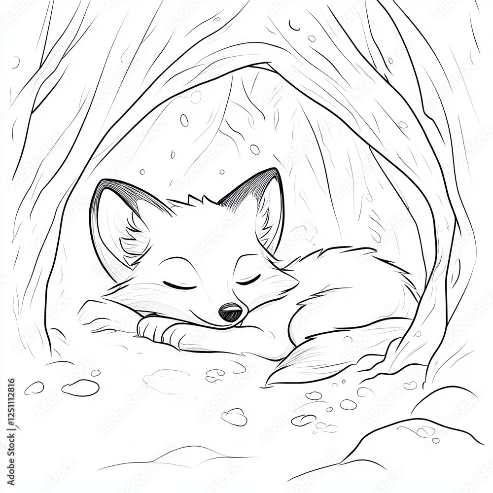 Adorable Sleeping Fox in Snowy Den Easy Coloring Page for Kids Stock ...
