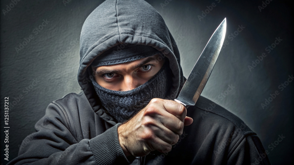 Masked criminal in black clothing wielding a knife with an intense ...