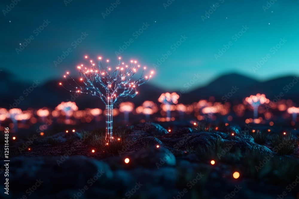 Brightly lit tree stands alone in an enchanting landscape during ...