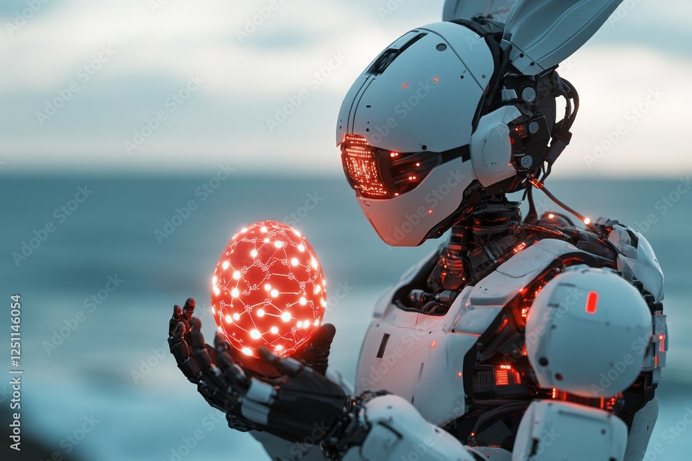Robot with glowing orb on a beach at sunset showcases futuristic ...