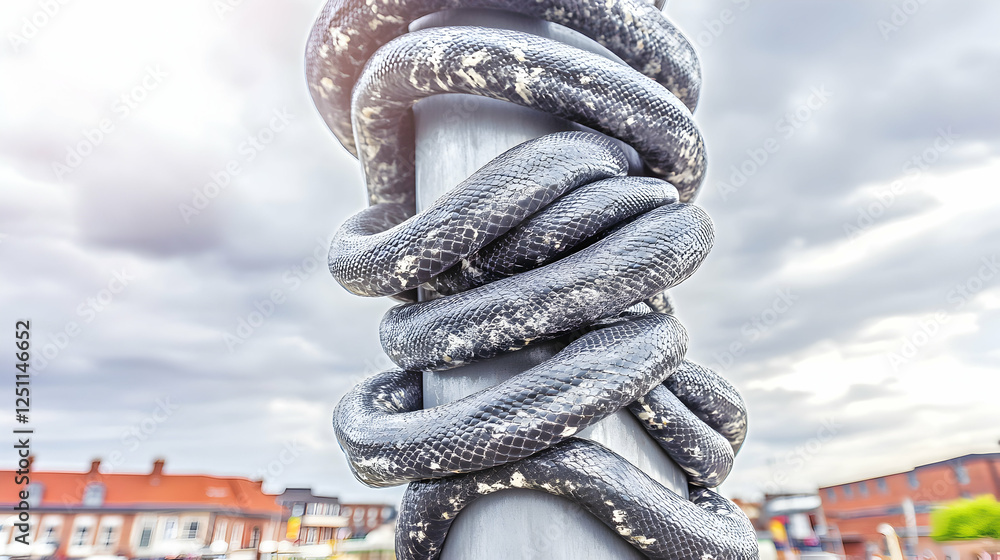 Snake coiled around a pole outdoors in town, with cloudy skies ...