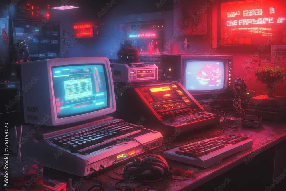 A 8-bit pixel art of a retro computer center with pixelated CRT ...