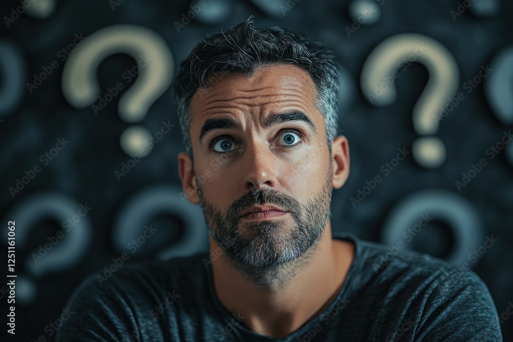 Man looking up at question marks, puzzled expression. Bright sky ...