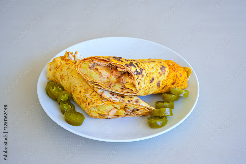 Lavash zurna doner kebab ( zurna durum ) or shawarma sliced in plate ...