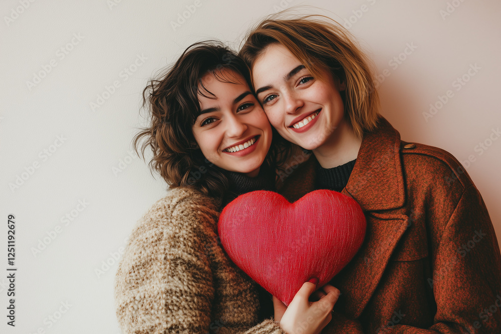 LGBTQ Happy Lesbian couple, female gay lovers on valentines day, red ...