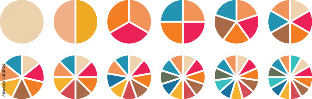 Pie chart set. Circle pie chart diagram. 1,2,3,4,5,6,7,8,9,10, sections or steps. Flat process ...
