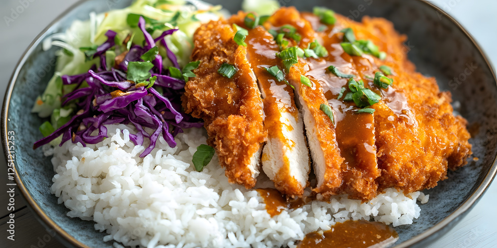 Crispy fried chicken katsu with fluffy rice, fresh cabbage, and a ...