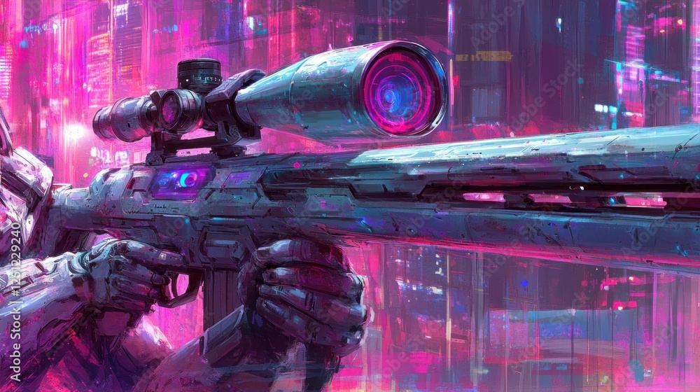 Cyberpunk sniper rifle, neon city backdrop, aiming, futuristic game art ...