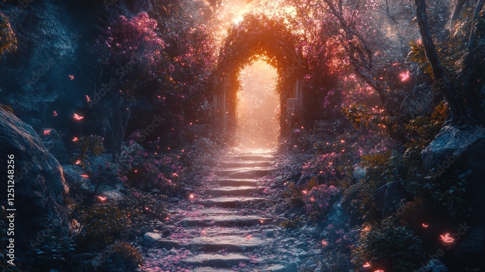 Enchanted forest path, stone stairs, flower arch, sunset, fantasy game ...