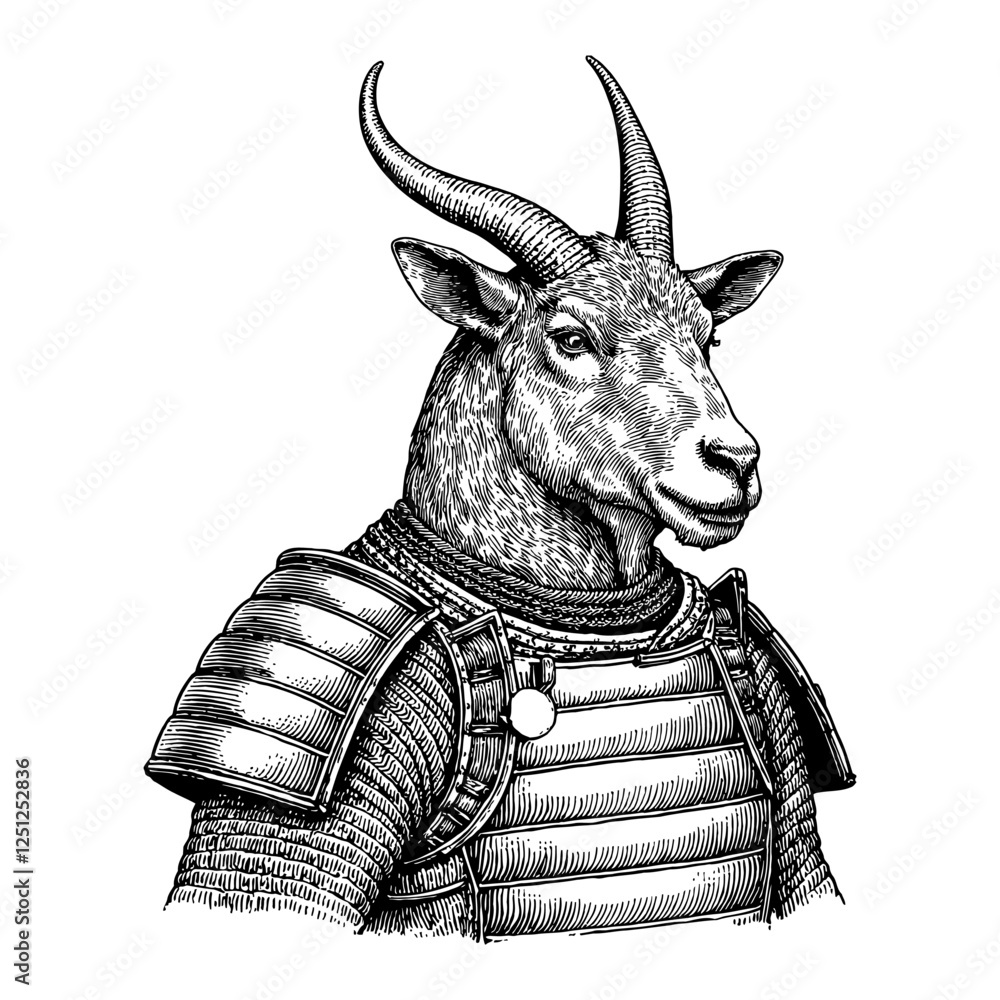 Goat Samurai Armor Detailed Black and White Drawing Outline Line Art ...