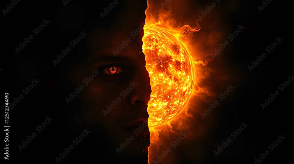The illustration depicts a half-gaping sun with a mysterious human face ...