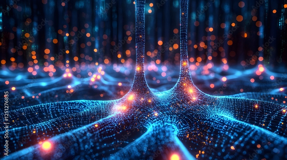 Glowing neural network nodes interconnected in an intricate web of digital information and ...