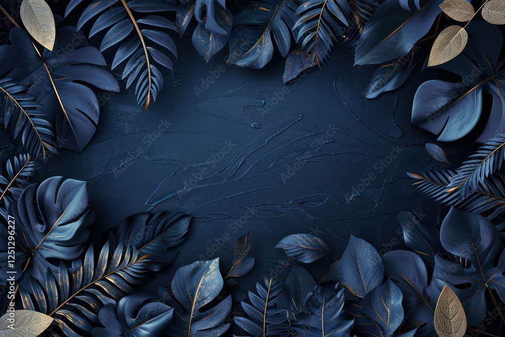 dark blue blue textured 3D background frame with golden green and blue ...