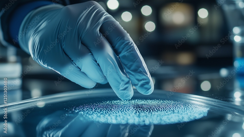 Forensic Scientist Wearing Blue Gloves Analyzing a Digital Fingerprint ...