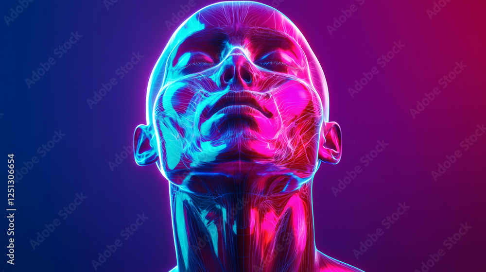 Human head anatomy with highlighted muscles in blue and pink colors for ...
