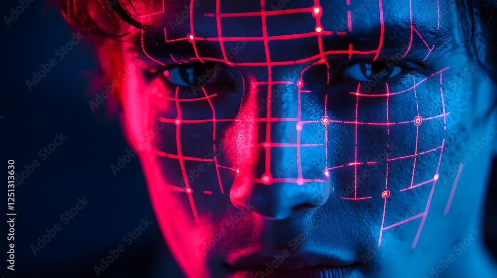 Glowing grid map overlaying a person s facial profile for biometric facial recognition and ...