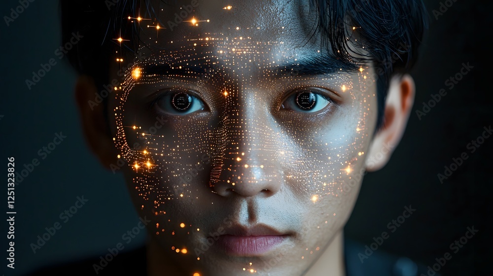 Digital Facial Recognition Process Visualized Through Glowing Biometric ...