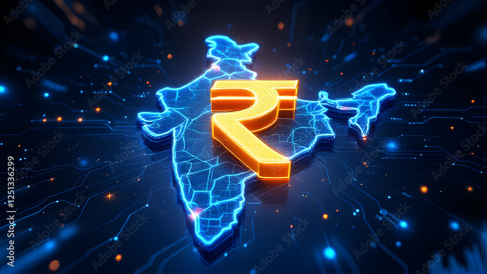 Gold indian Rupees rupees symbol on digital glowing map of India ...