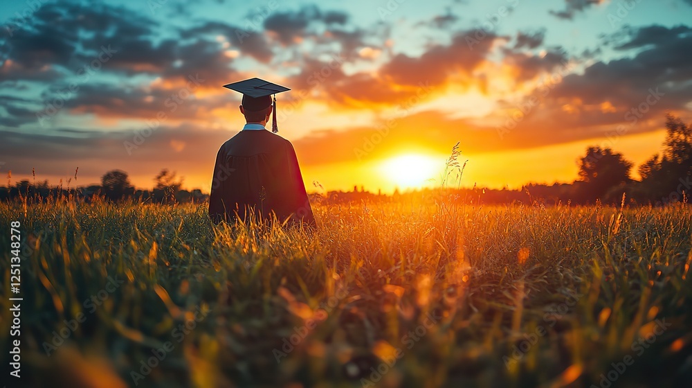 A graduating student in cap and gown celebrates academic success during ...