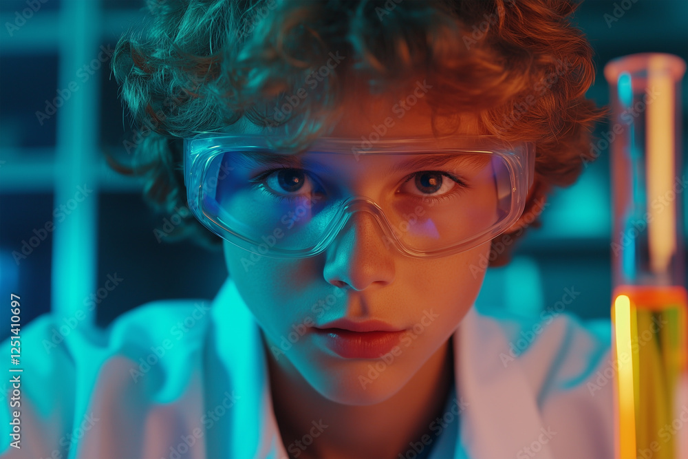 Young scientist conducting an experiment with colorful liquids in a laboratory setting Stock ...
