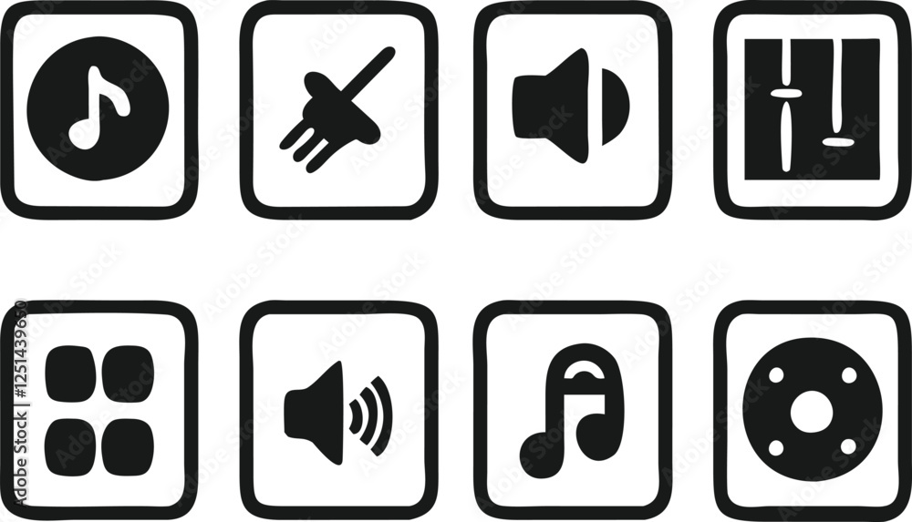 Audio icons, music symbols, sound controls, black and white, minimalist ...