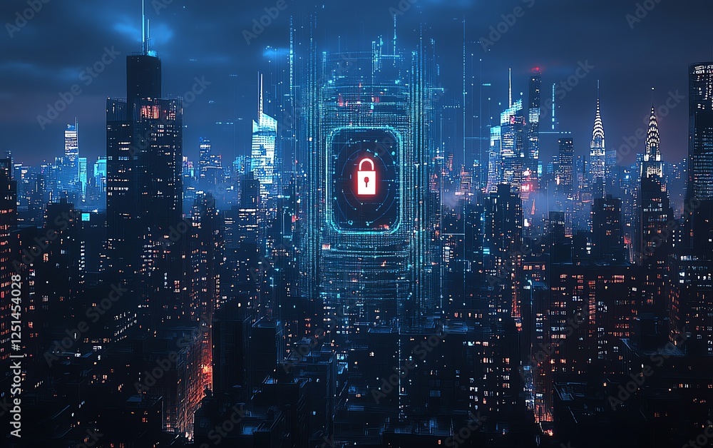 Cybersecurity HUD hologram and lock circuit floating over New York City ...