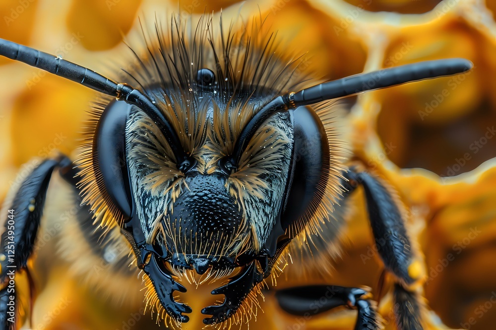Extreme macro portrait of honey bee head showing compound eyes ...