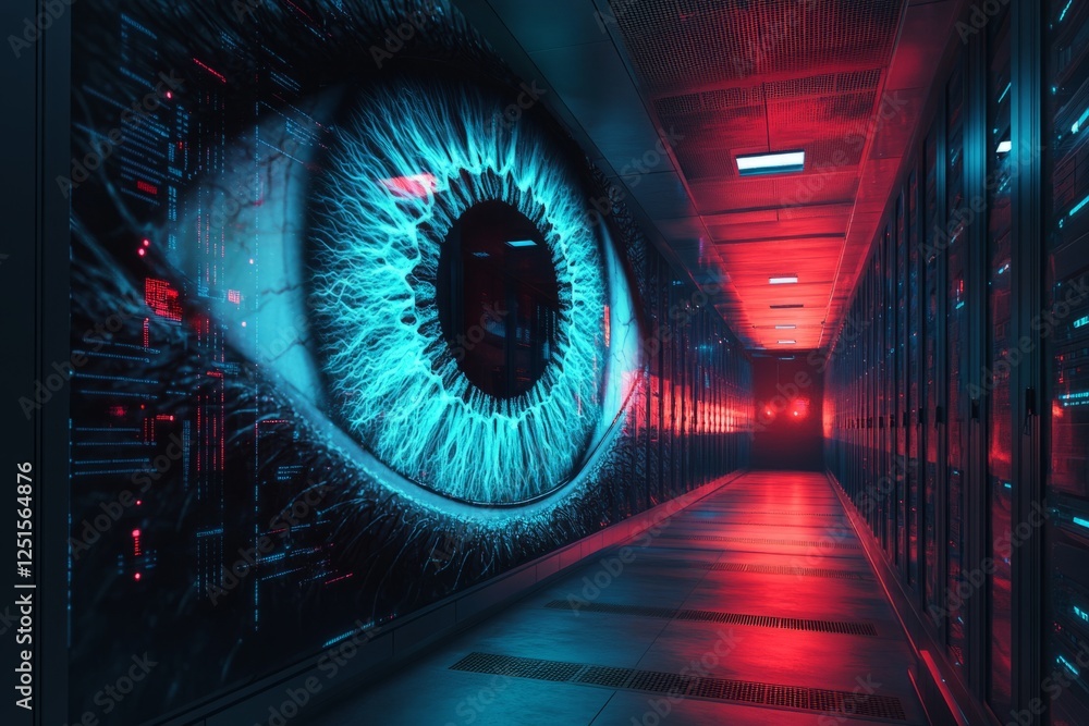 Futuristic server room with a large eye overseeing data center ...