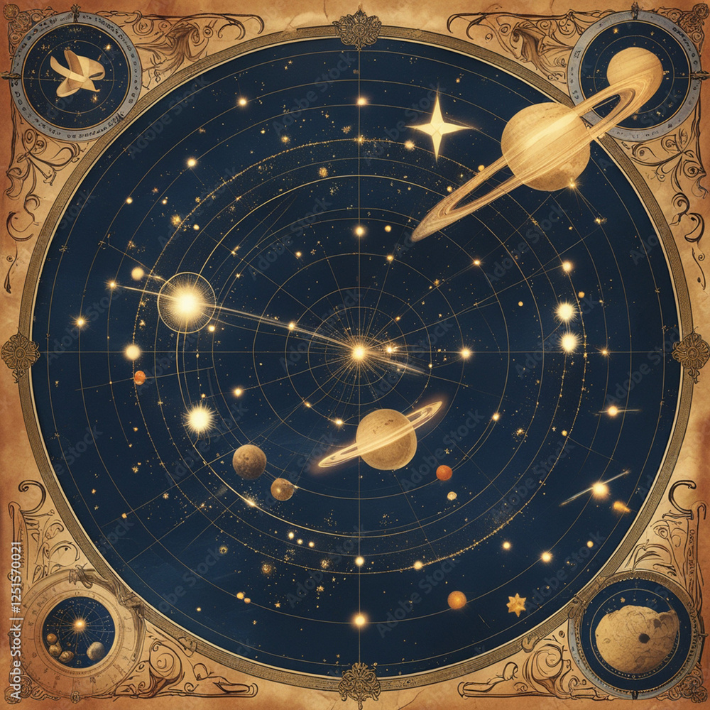 Vintage-style astronomical chart depicting the solar system with an ...