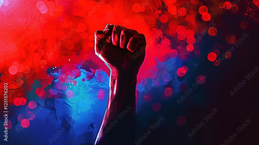 Silhouette of a raised fist, with background of red and blue,a powerful ...