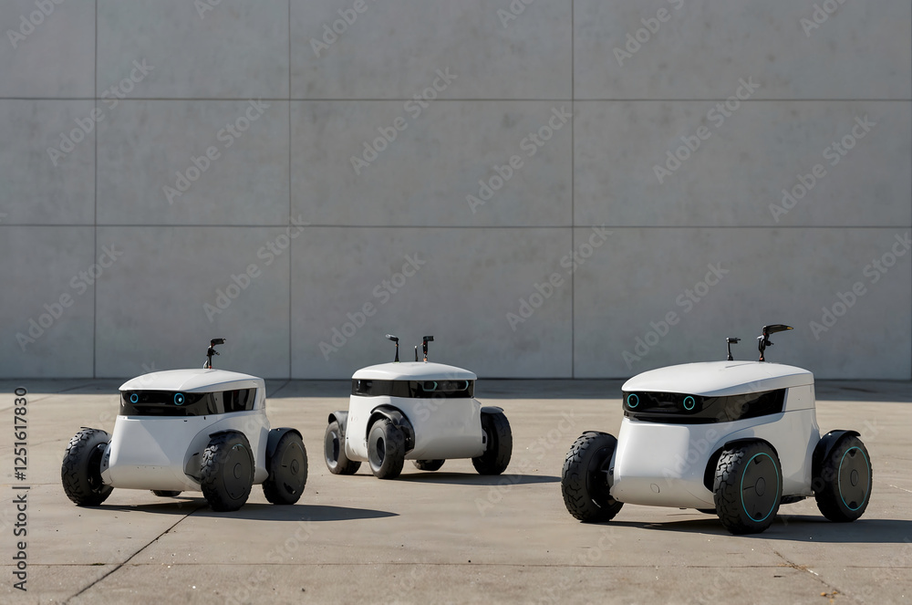 Three autonomous delivery robots shown from different angles on a white ...