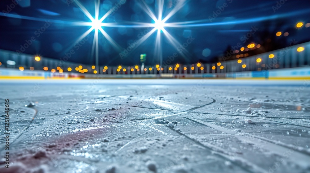A close-up view of an illuminated ice rink, showcasing fresh ice and ...