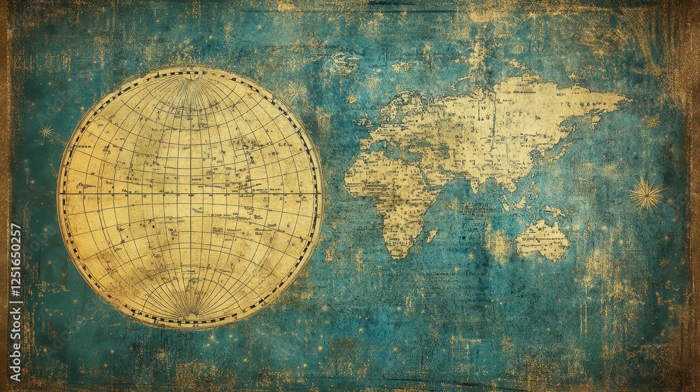 Vintage world map showing earth projection with aged texture Stock ...