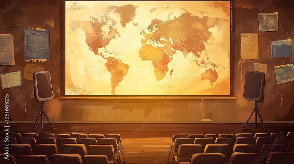 Auditorium with world map projection on screen. Stock Illustration ...